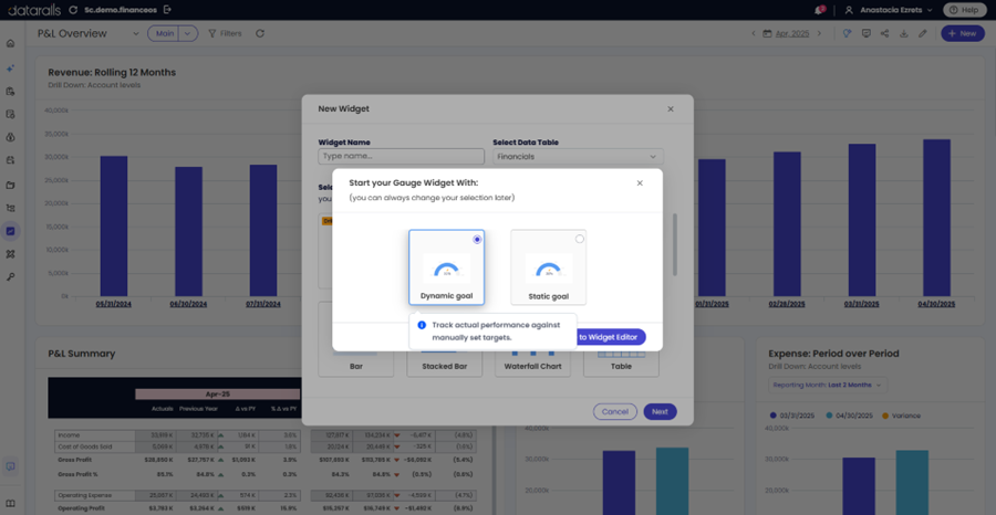 Gauge Widget with Dynamic Goals – DataRails