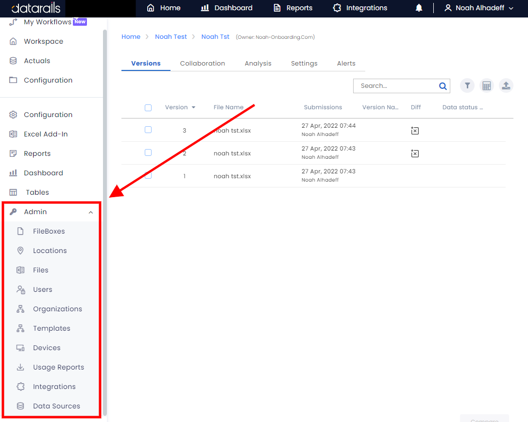 Admin Settings – DataRails